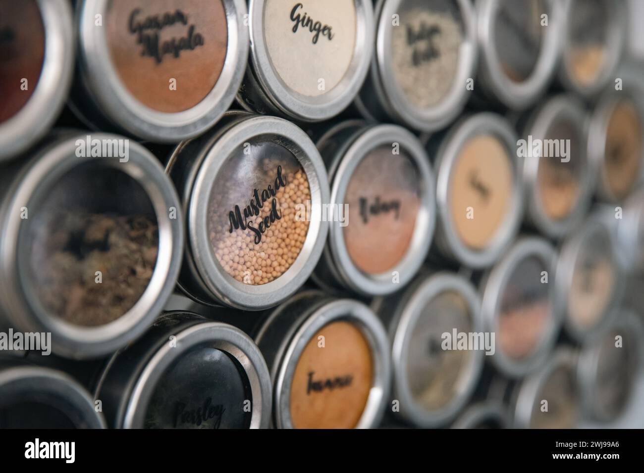 Labeled spice rack Stock Photo - Alamy