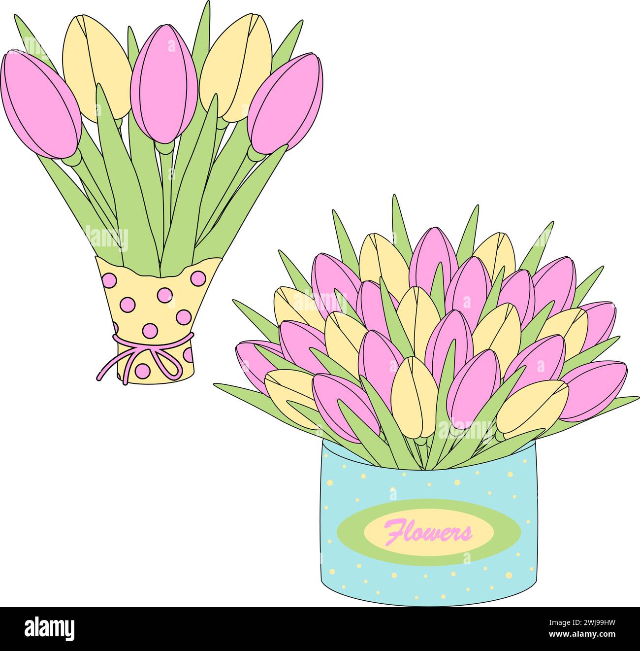 2 tulips bouquets in wrapping paper and box with pink and yellow ...