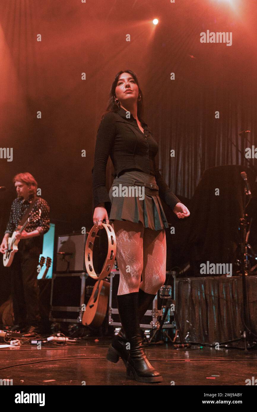 Leeds, UK. 13 February, 2024. Lia Metcalfe of The Mysterines performing ...