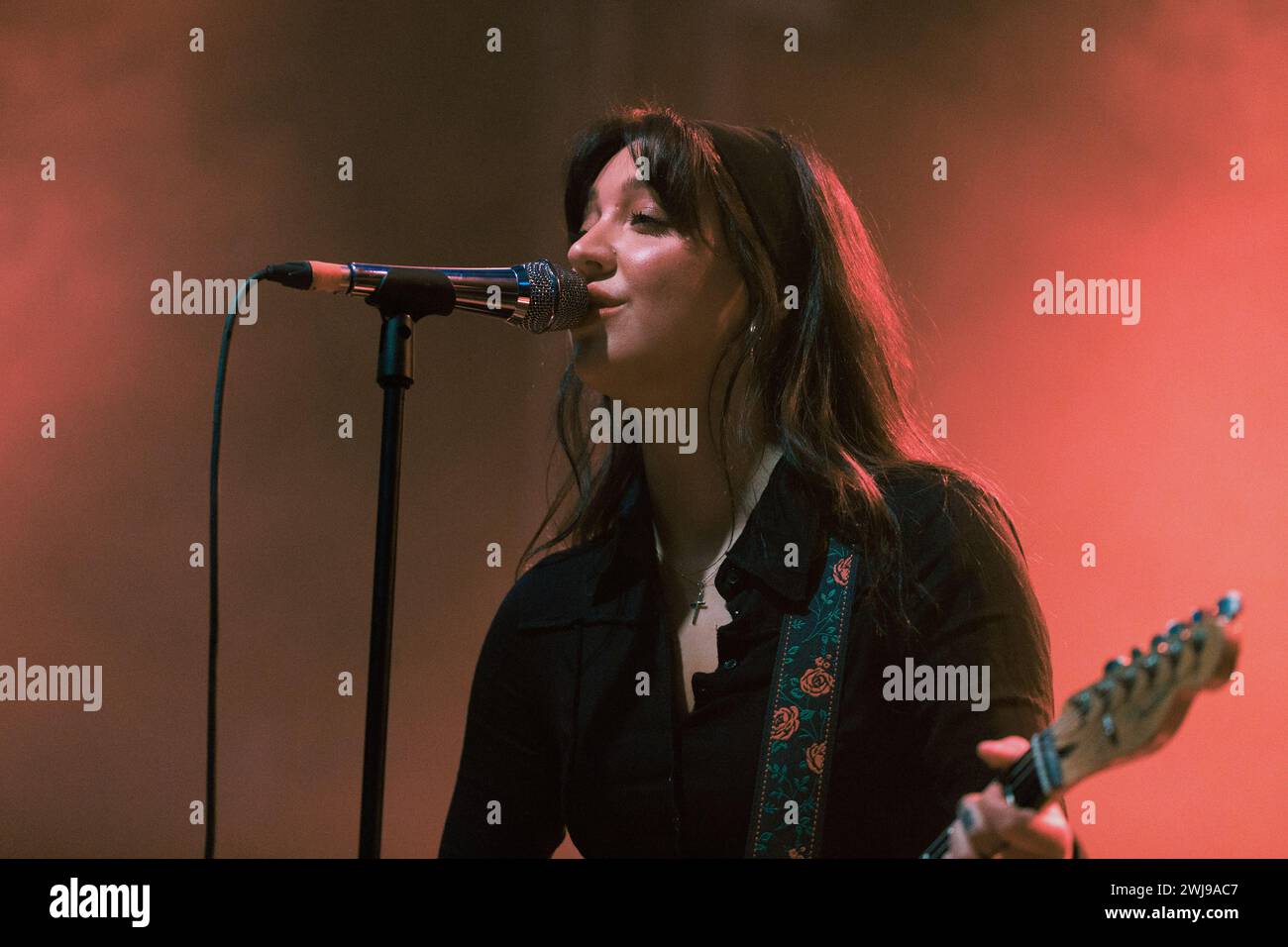 Leeds, UK. 13 February, 2024. Lia Metcalfe of The Mysterines performing ...