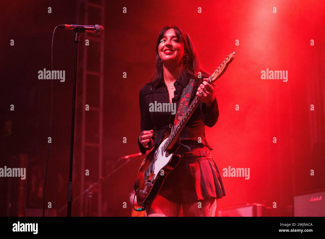 Leeds, UK. 13 February, 2024. Lia Metcalfe of The Mysterines performing ...