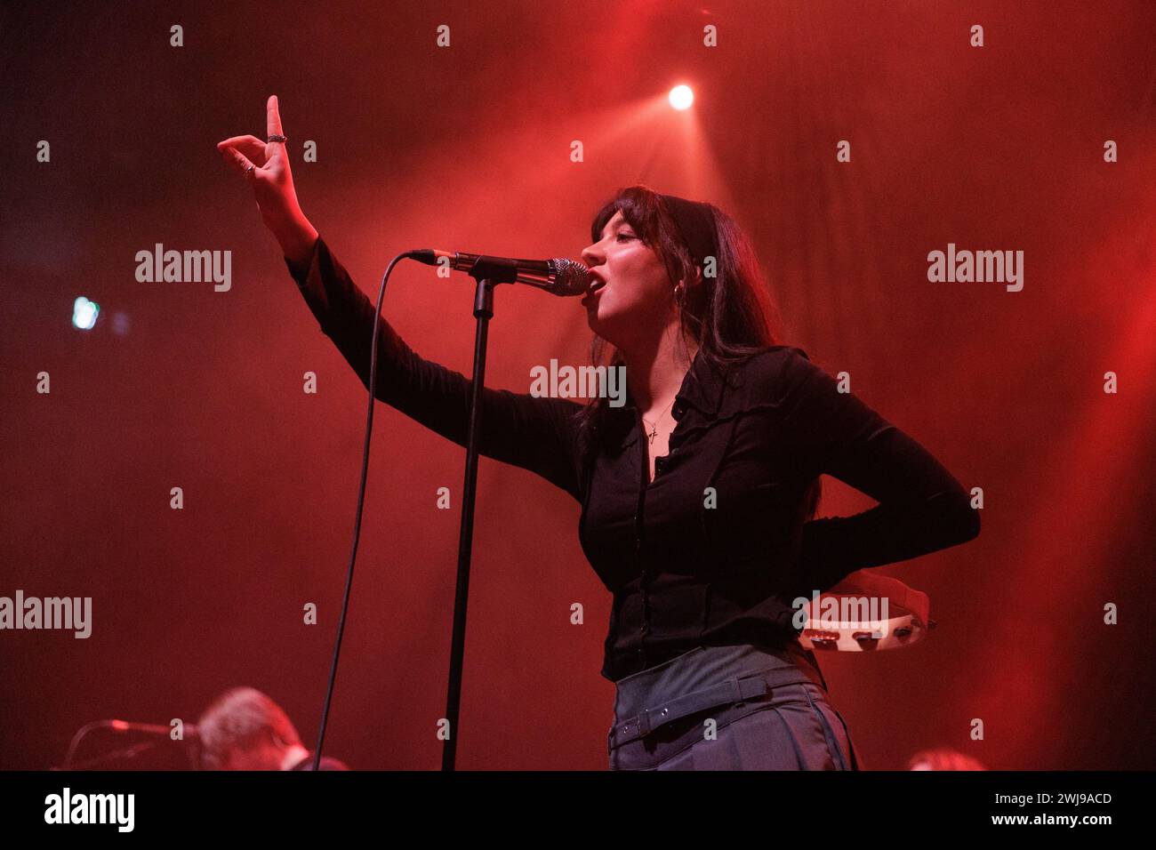 Leeds, UK. 13 February, 2024. Lia Metcalfe of The Mysterines performing ...