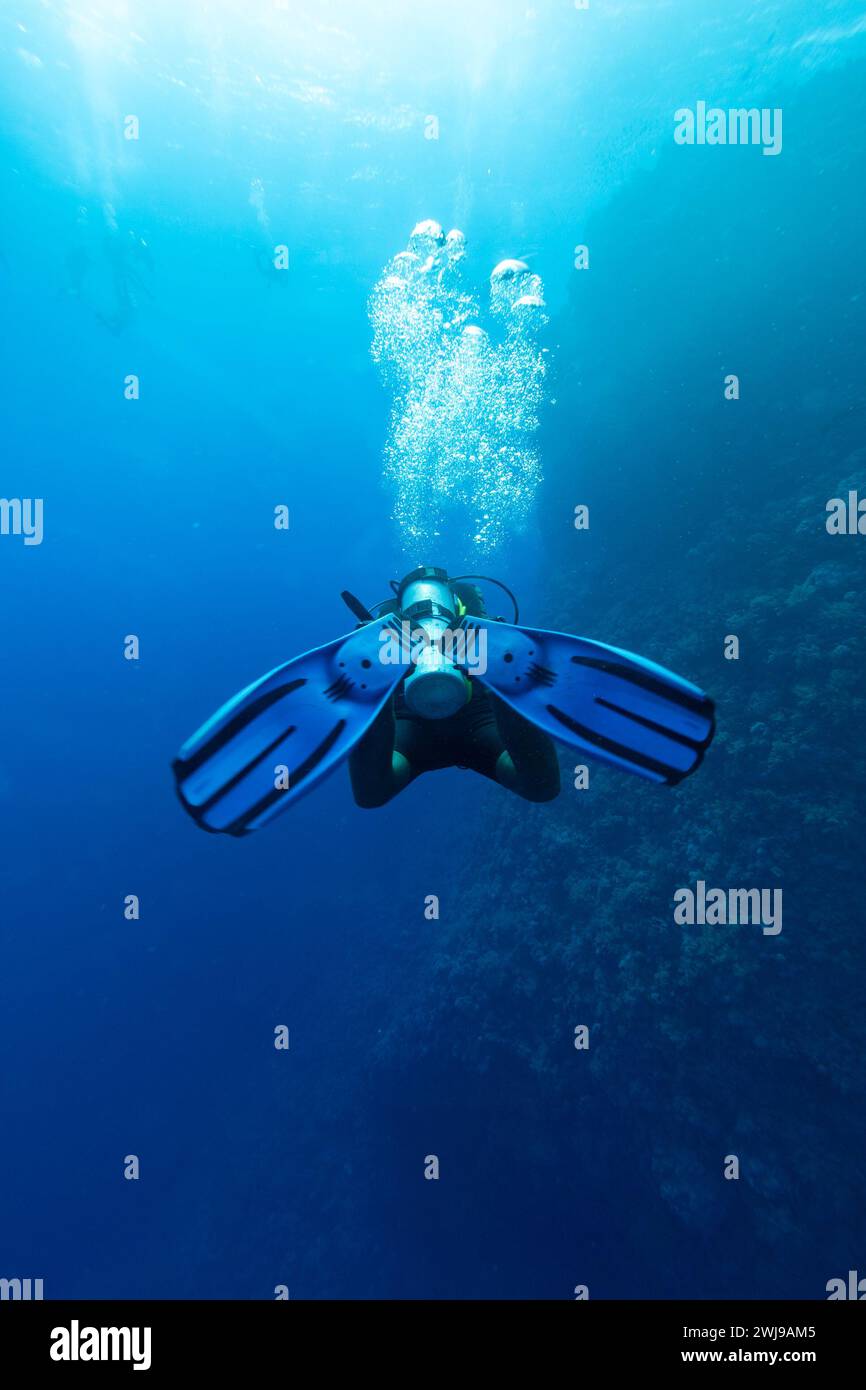 Scuba diver swims and fins through clear blue water along a coral reef ...