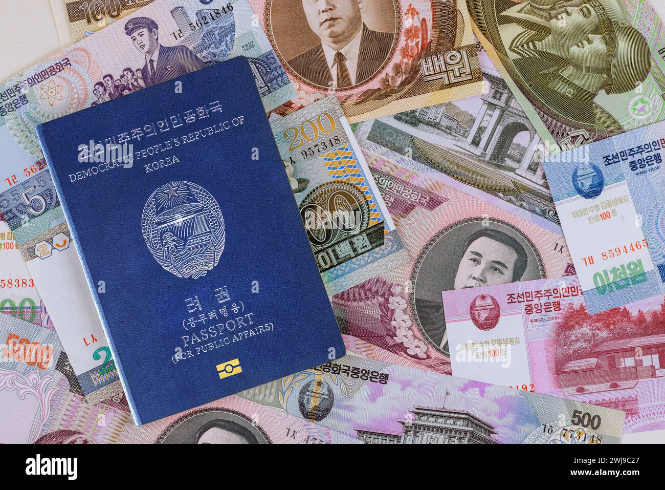 North Korean won is depicted on various currency denominations as cash ...