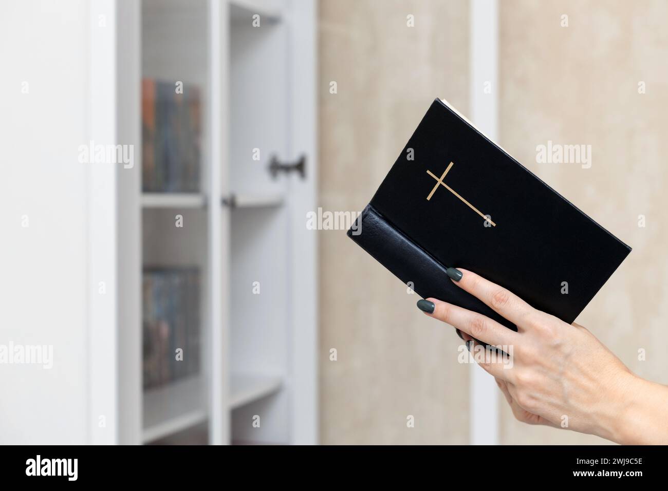woman reading the bible standing near a bookcase. bible in hands ...