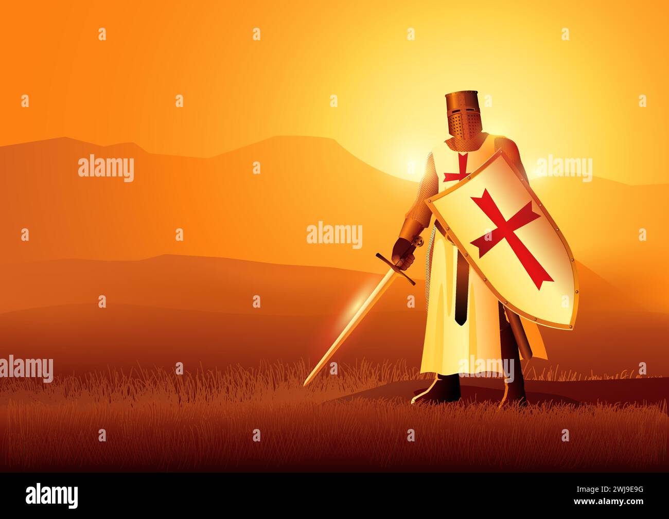 Knight of Templar holding a sword and a shield on dramatic landscape ...