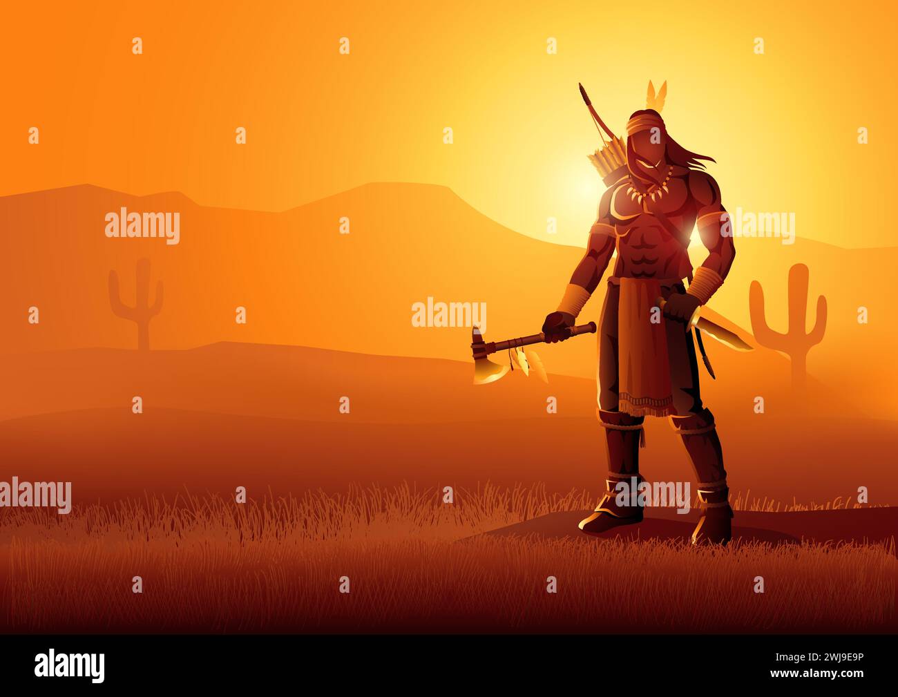 Native American warrior holding an axe and a knife on beautiful ...