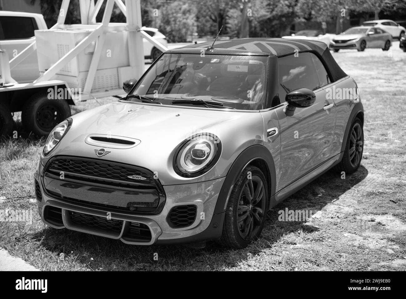 Miami Beach, Florida USA - April 15, 2021: blue Mini John Cooper Works ...