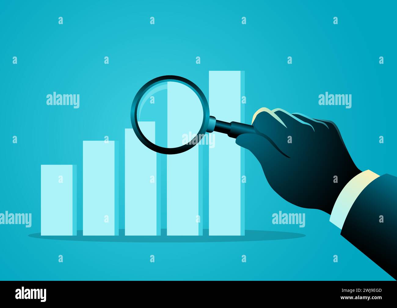 Man examines a graph chart with a magnifying glass, business analysis ...