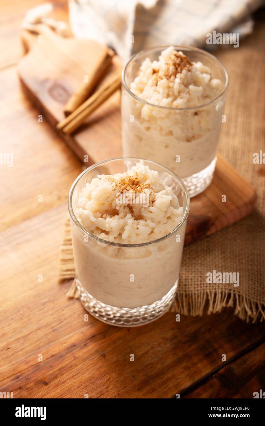 Rice pudding. Sweet dish made by cooking rice in milk and sugar, some ...