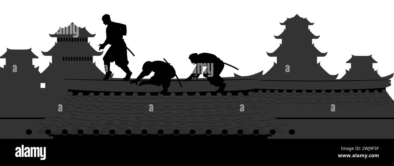 Vector illustration of the ninjas are sneaking up on the roof top to ...