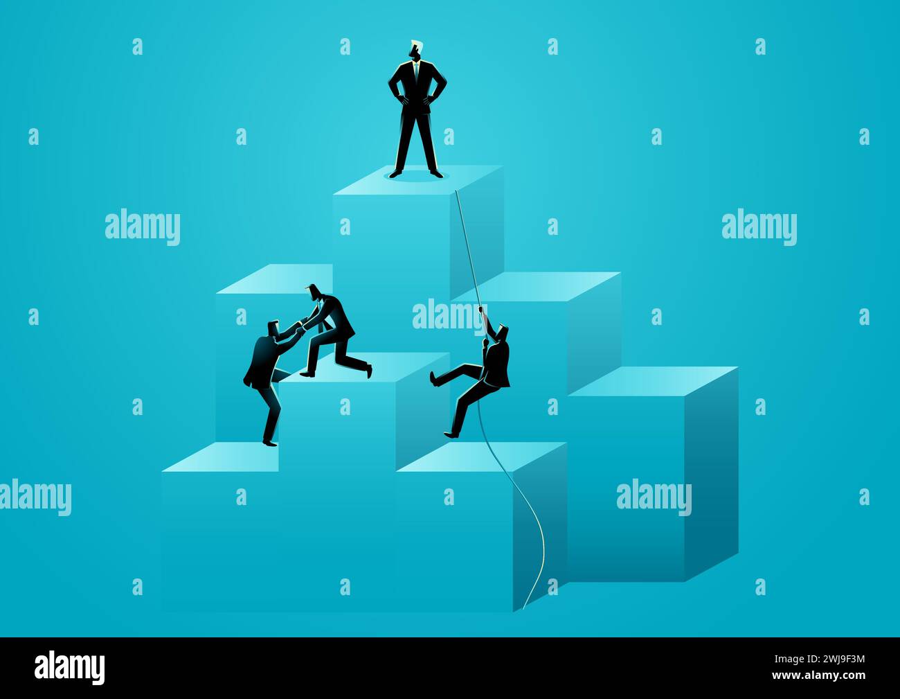 Businessman stood on top of the bar chart while his colleagues tried to ...