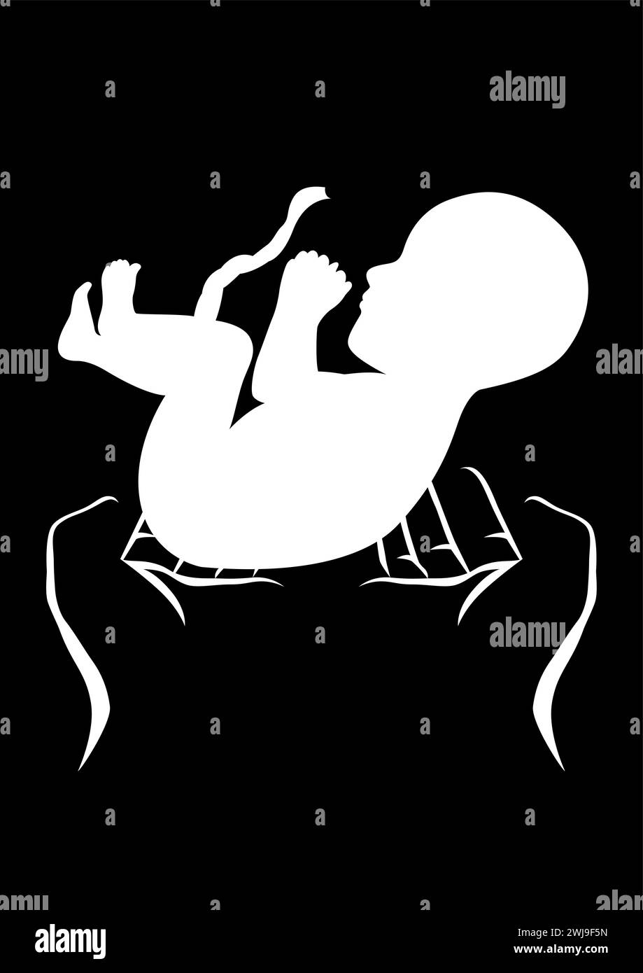 Simple graphic in black and white of hands holding a fetus, childbirth ...