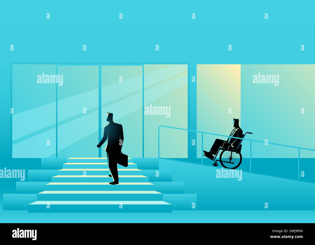 Businessman in wheelchair enters office via special ramps, office ...