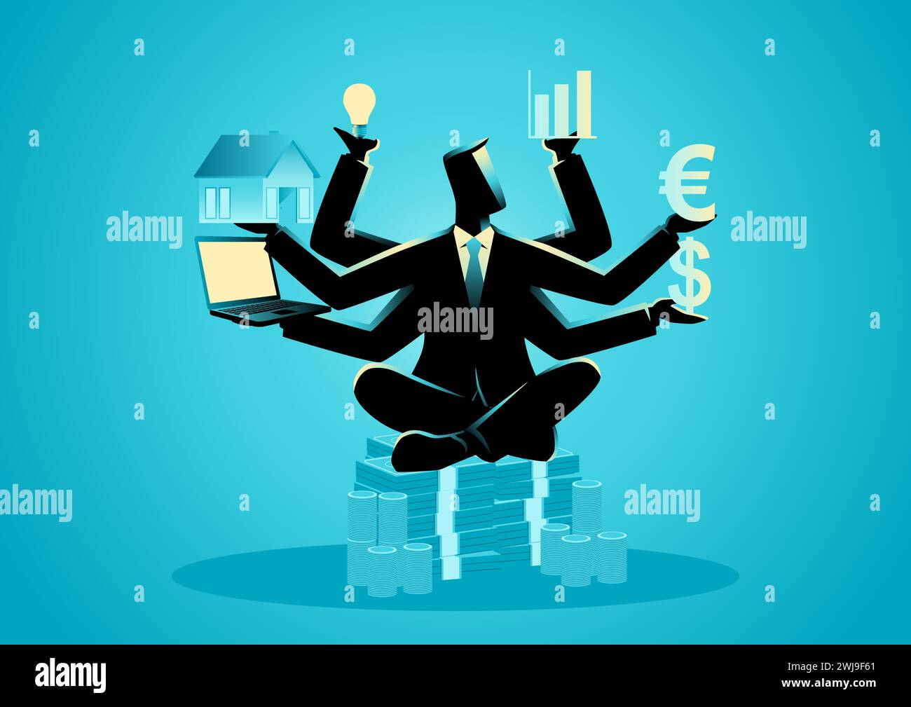 Business concept illustration of a businessman with multiple hands ...