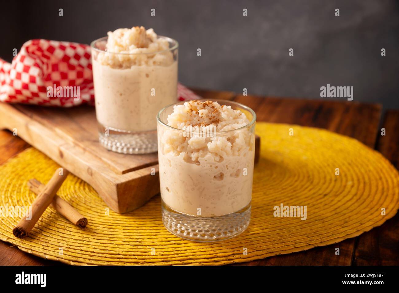 Rice pudding. Sweet dish made by cooking rice in milk and sugar, some ...