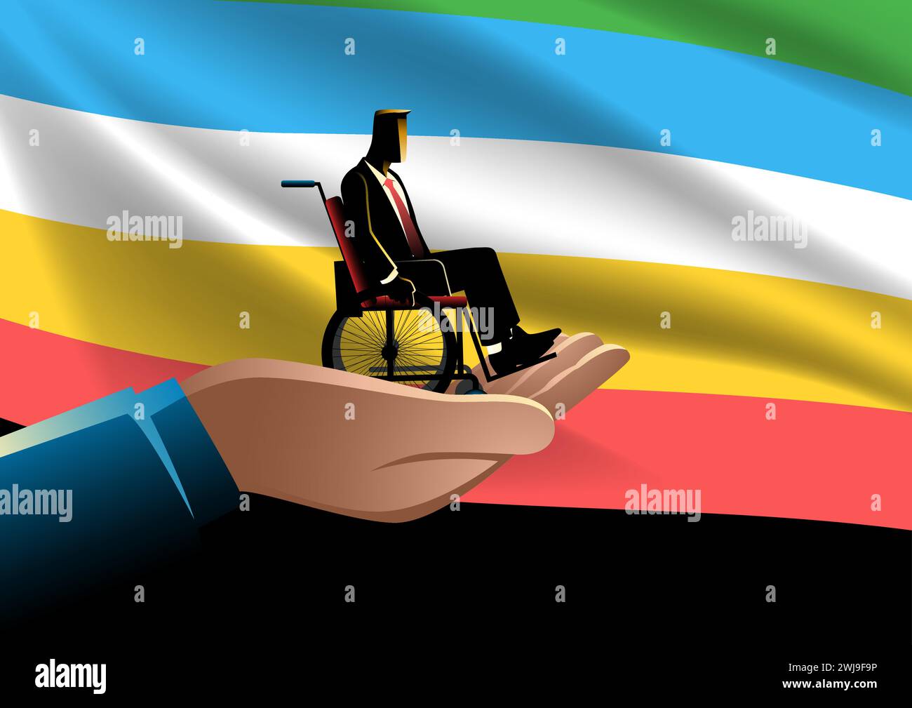 Giant hand holding a businessman in a wheelchair with Disability Pride ...