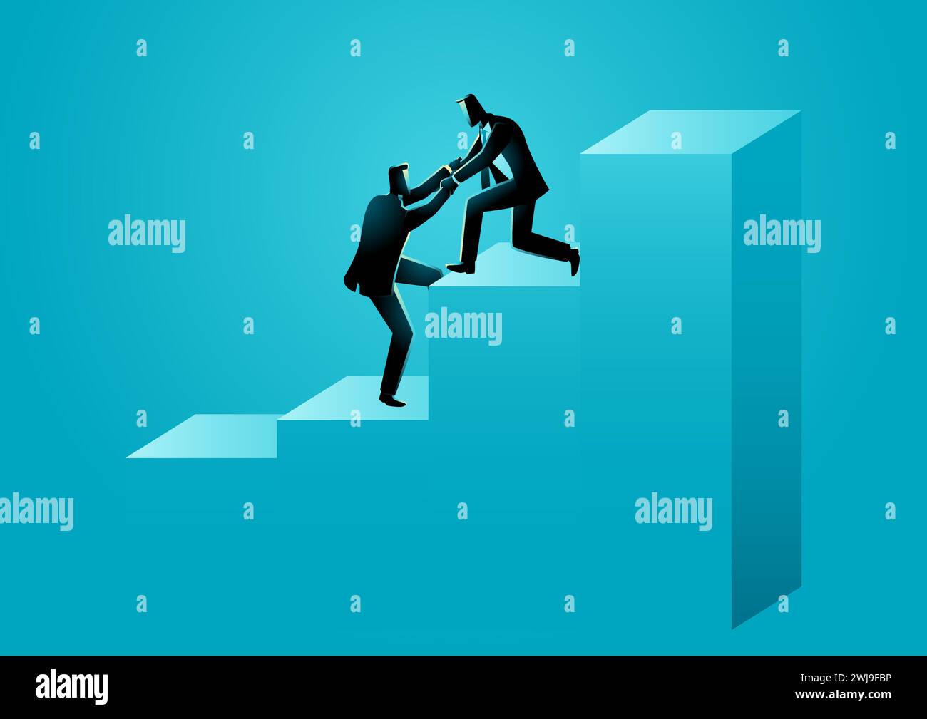 Businessman helps his colleague climbing graph chart, team work ...