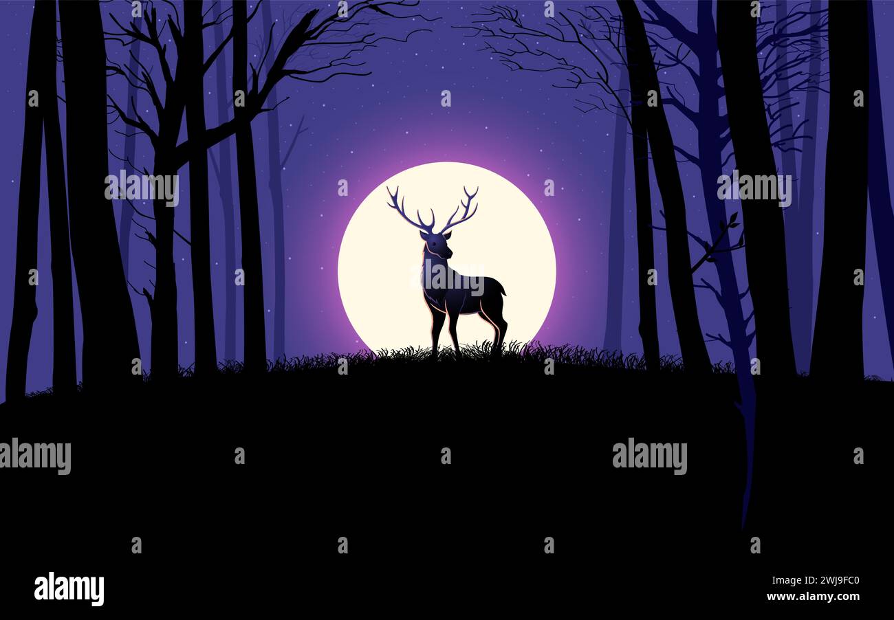 Beautiful scenery of a deer during full moon in the woods, vector ...