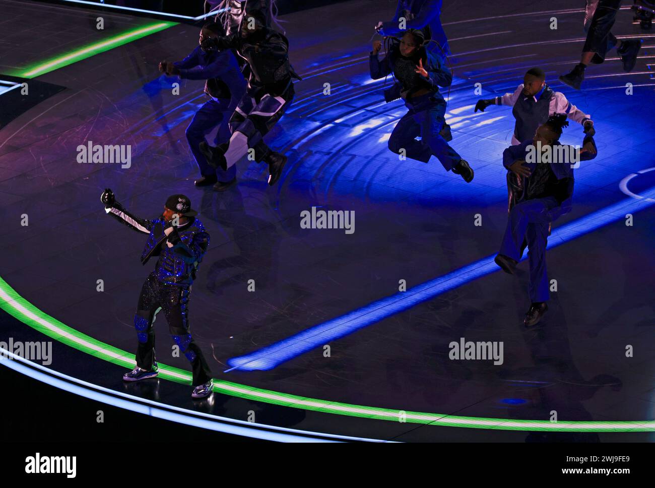 February 11, 2024 Usher performs during halftime at the NFL Super Bowl ...