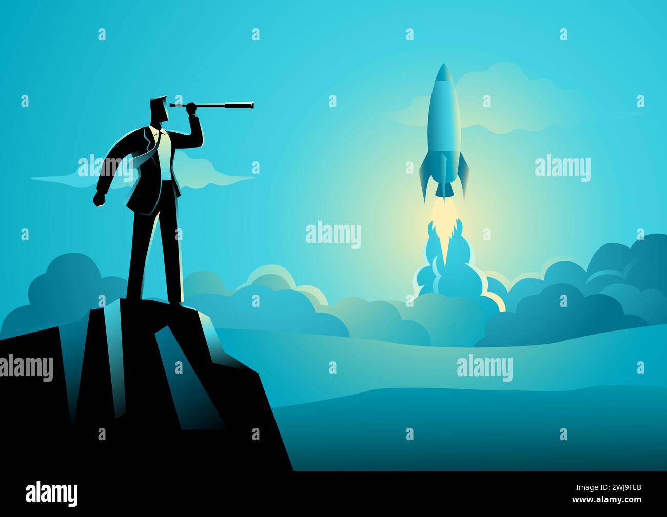 Vector illustration shows a businessman looking through a telescope ...