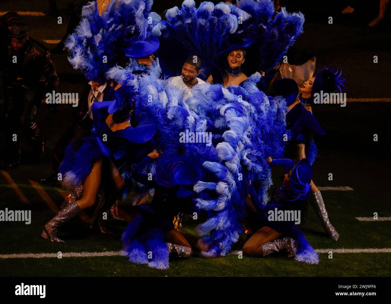 February 11, 2024 Usher performs during halftime at the NFL Super Bowl ...