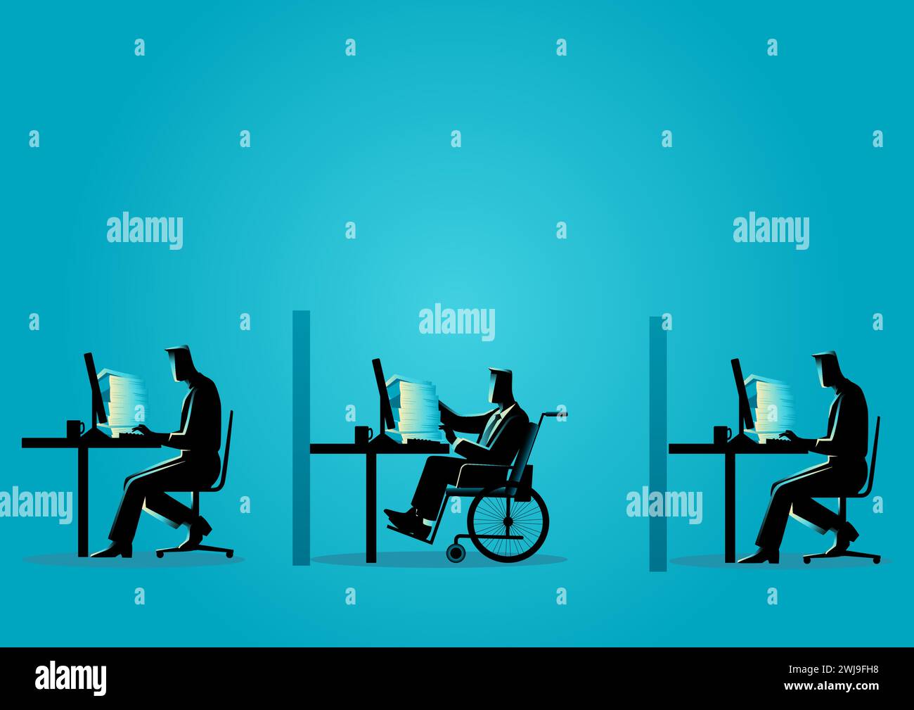 Businessman in a wheelchair working on his desk among other businessmen ...