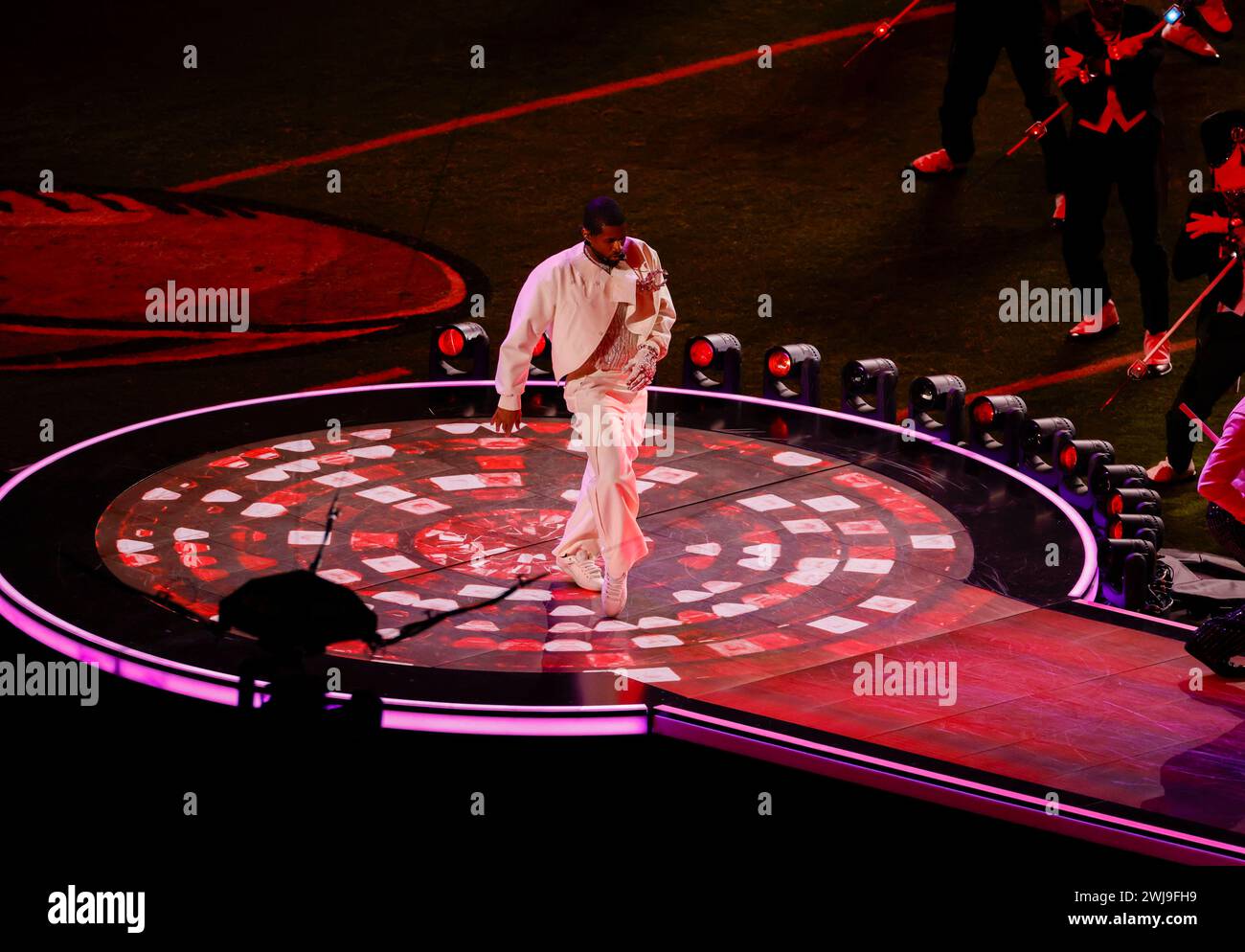 February 11, 2024 Usher performs during halftime at the NFL Super Bowl ...