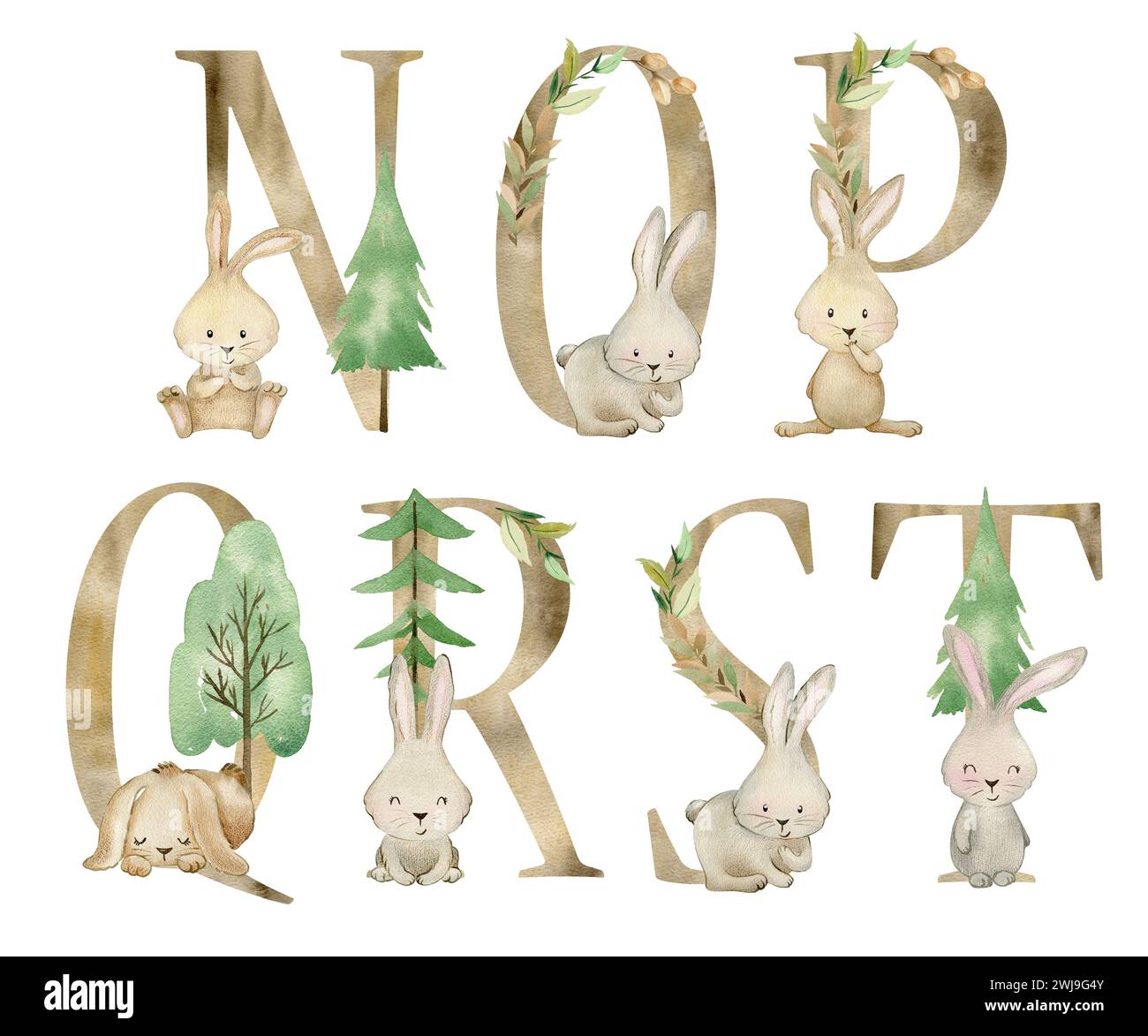 Watercolor letters with bunnies for invitation card, nursery poster and ...
