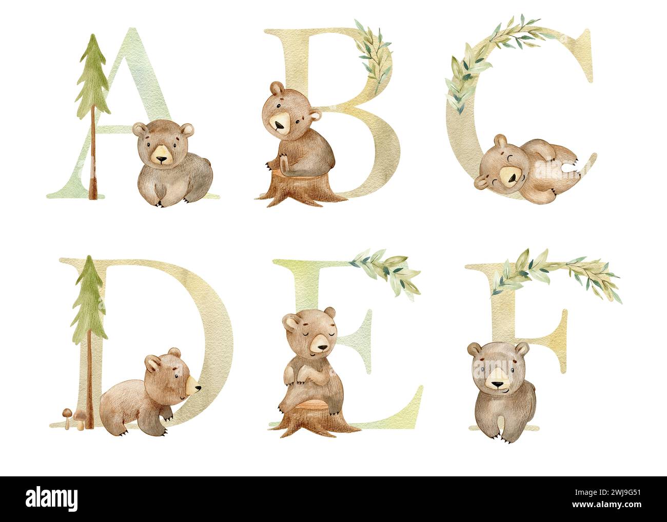 Watercolor letters with bears for invitation card, nursery poster and ...