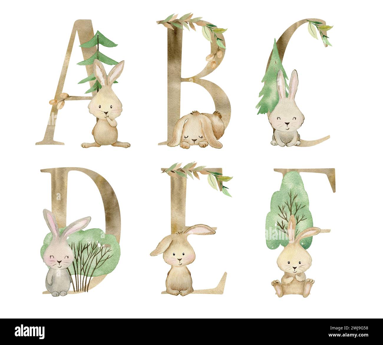 Watercolor letters with bunnies for invitation card, nursery poster and ...