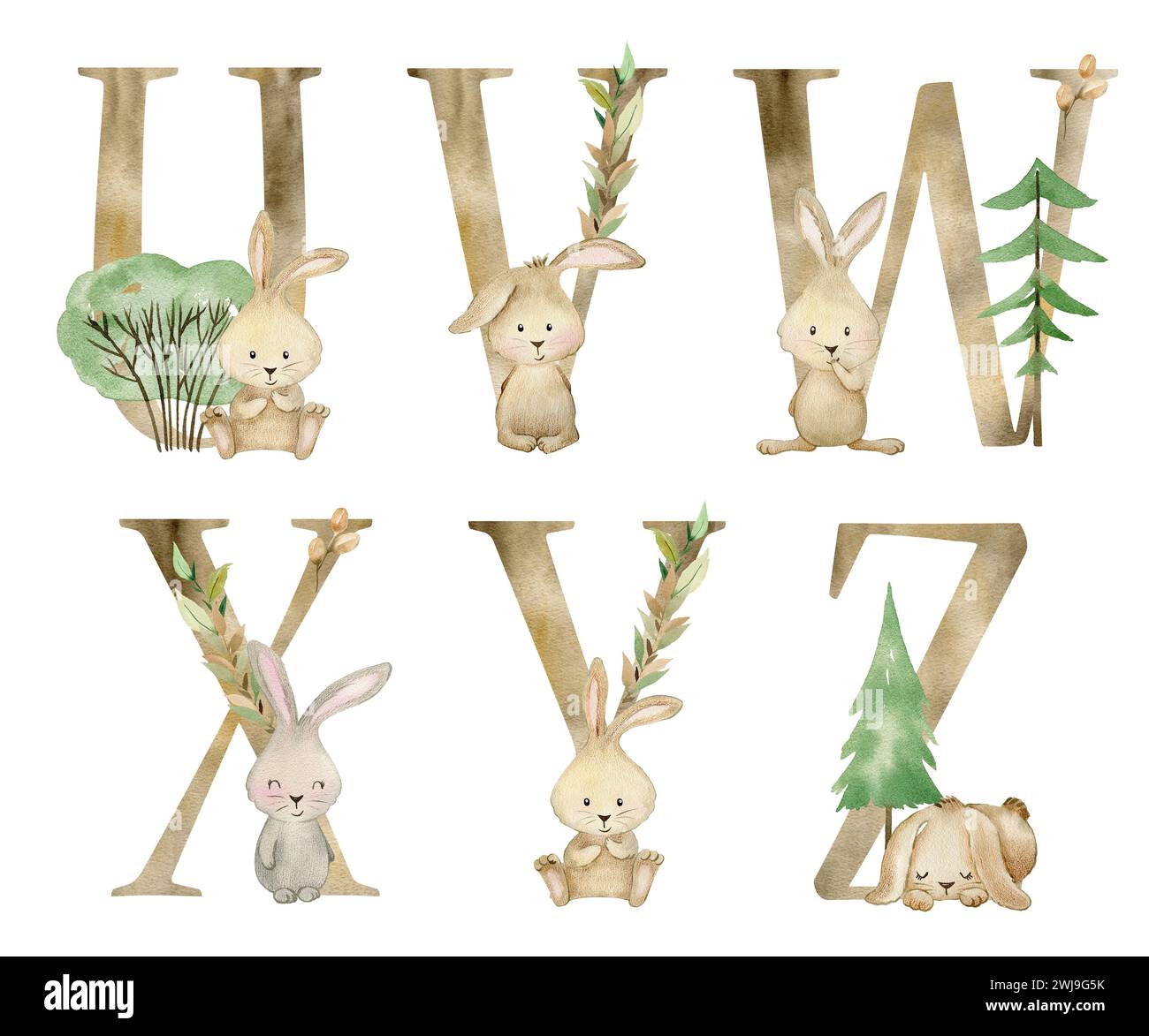 Watercolor letters with bunnies for invitation card, nursery poster and ...