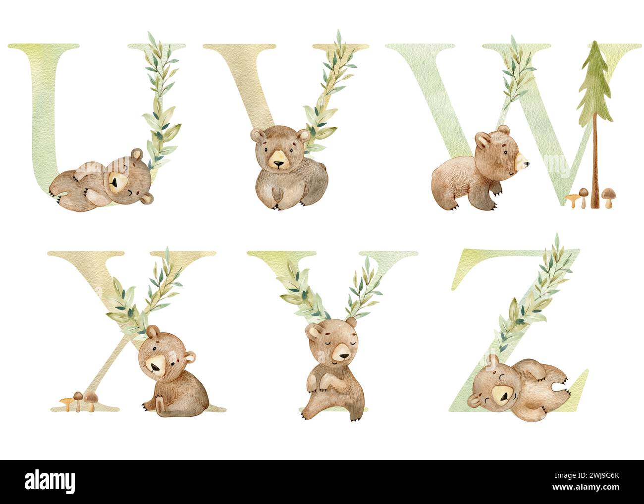 Watercolor letters with bears for invitation card, nursery poster and ...