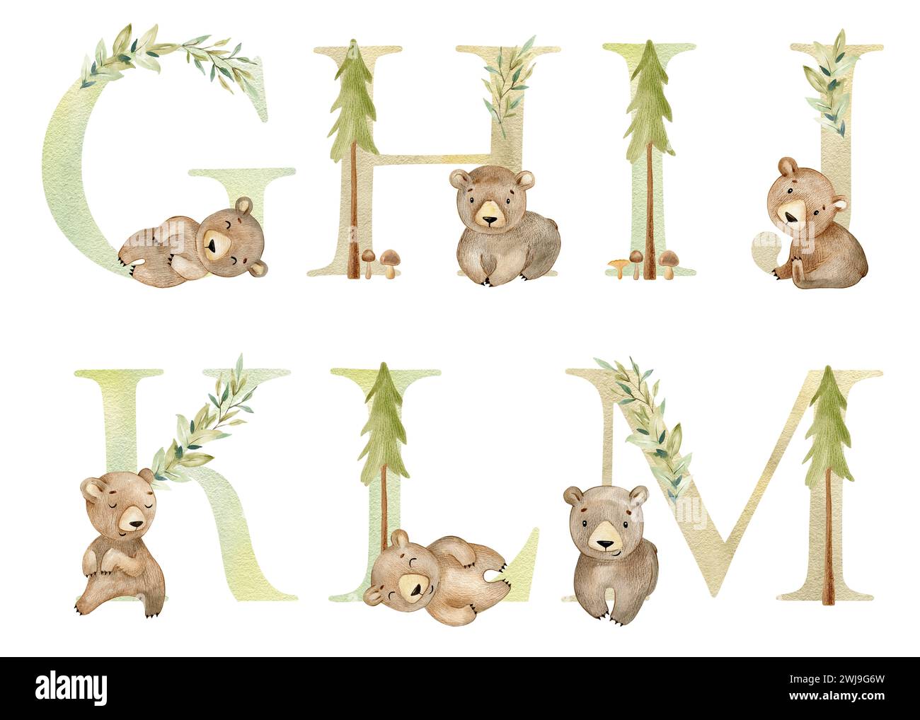 Watercolor letters with bears for invitation card, nursery poster and ...