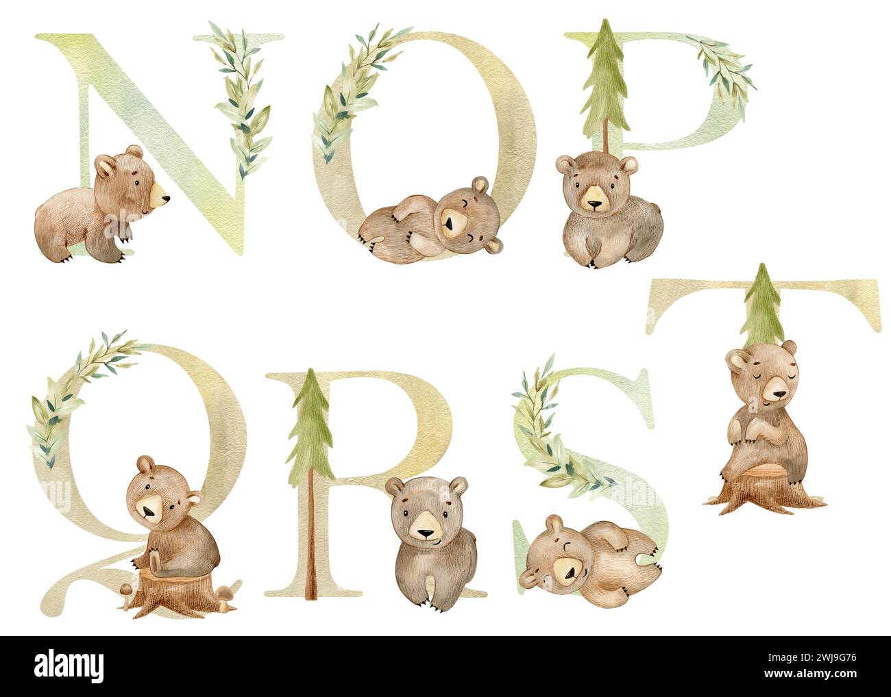 Watercolor letters with bears for invitation card, nursery poster and ...
