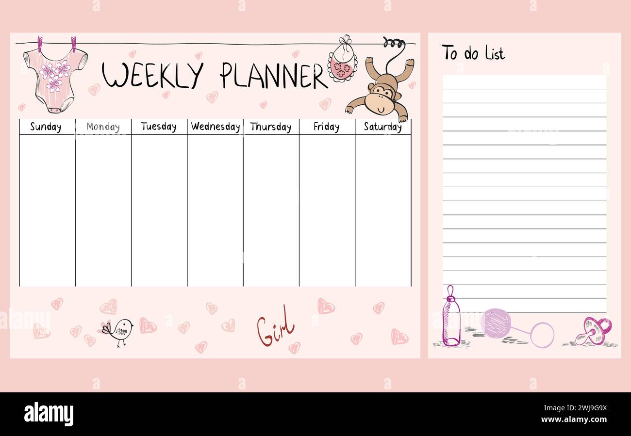 Hand drawing vector weekly planner with baby elements Stock Vector ...