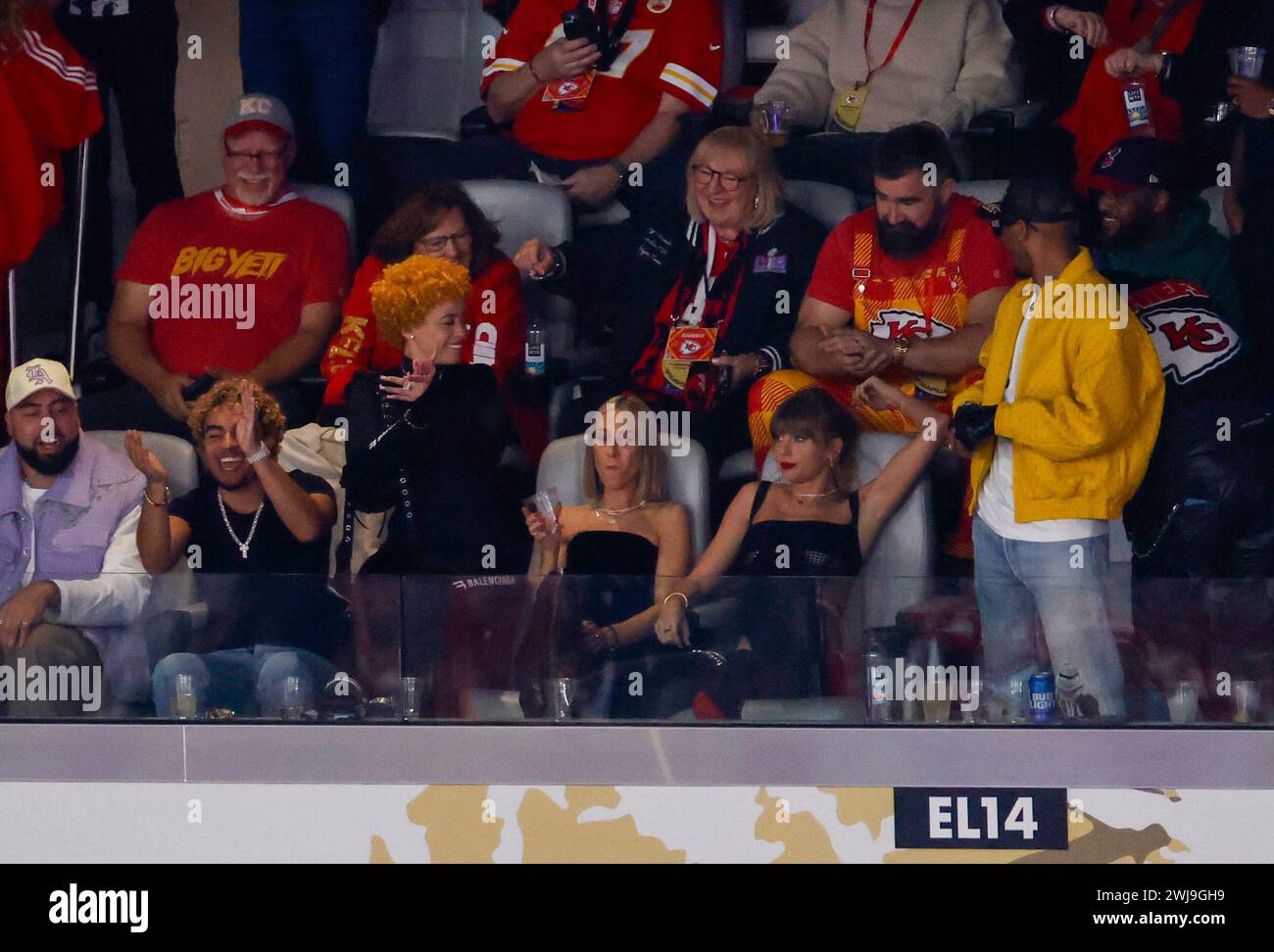 February 11, 2024 Taylor Swift chugs a beer while in attendance at the ...