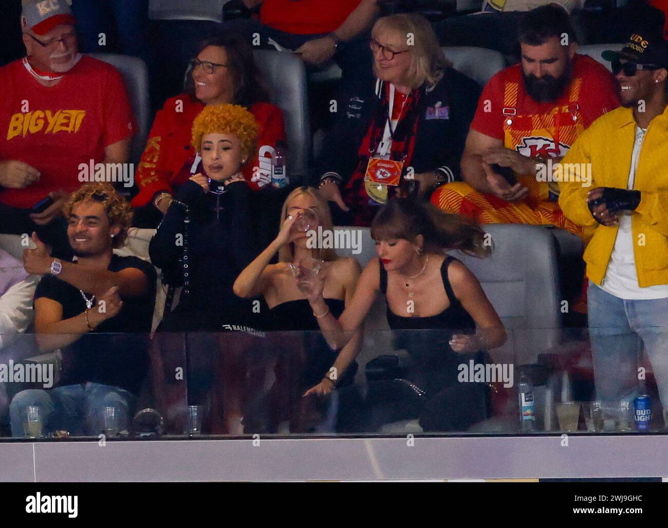 February 11, 2024 Taylor Swift chugs a beer while in attendance at the ...