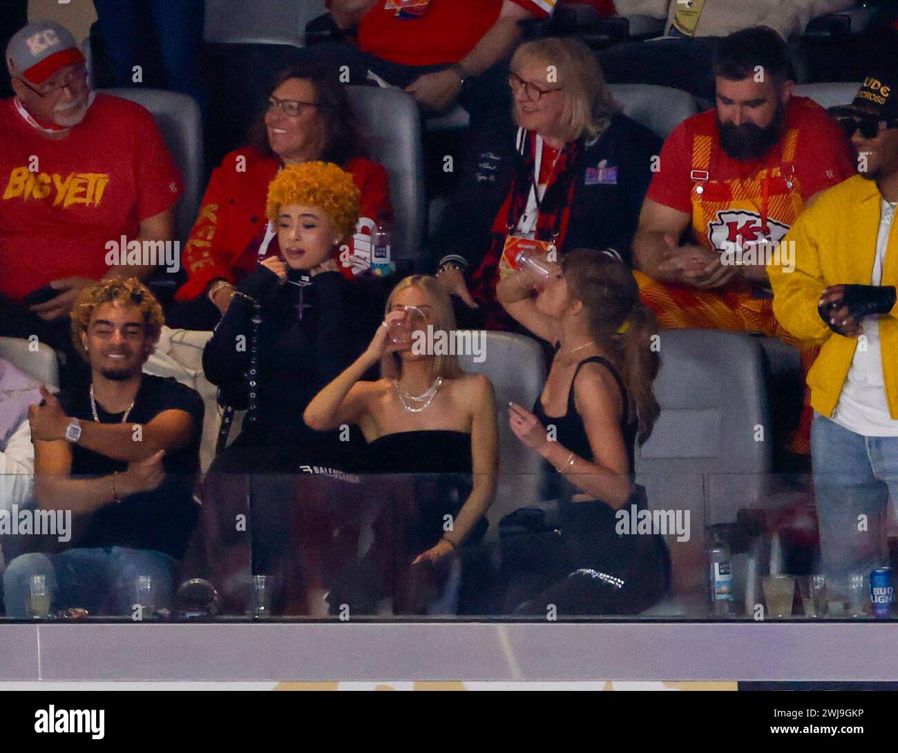 February 11, 2024 Taylor Swift chugs a beer while in attendance at the ...