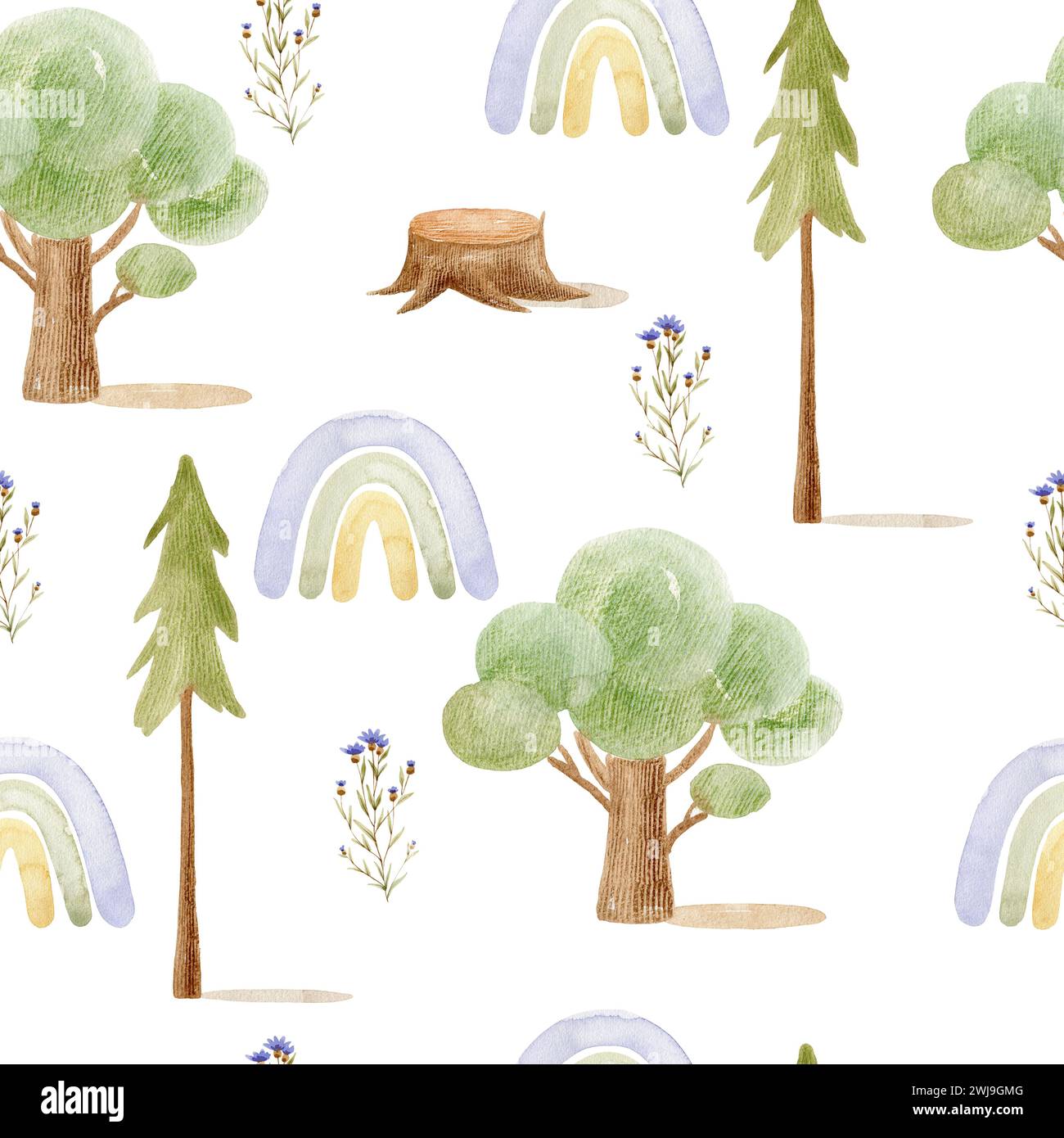 Watercolor forest seamless pattern with trees, leaves and rainbows ...