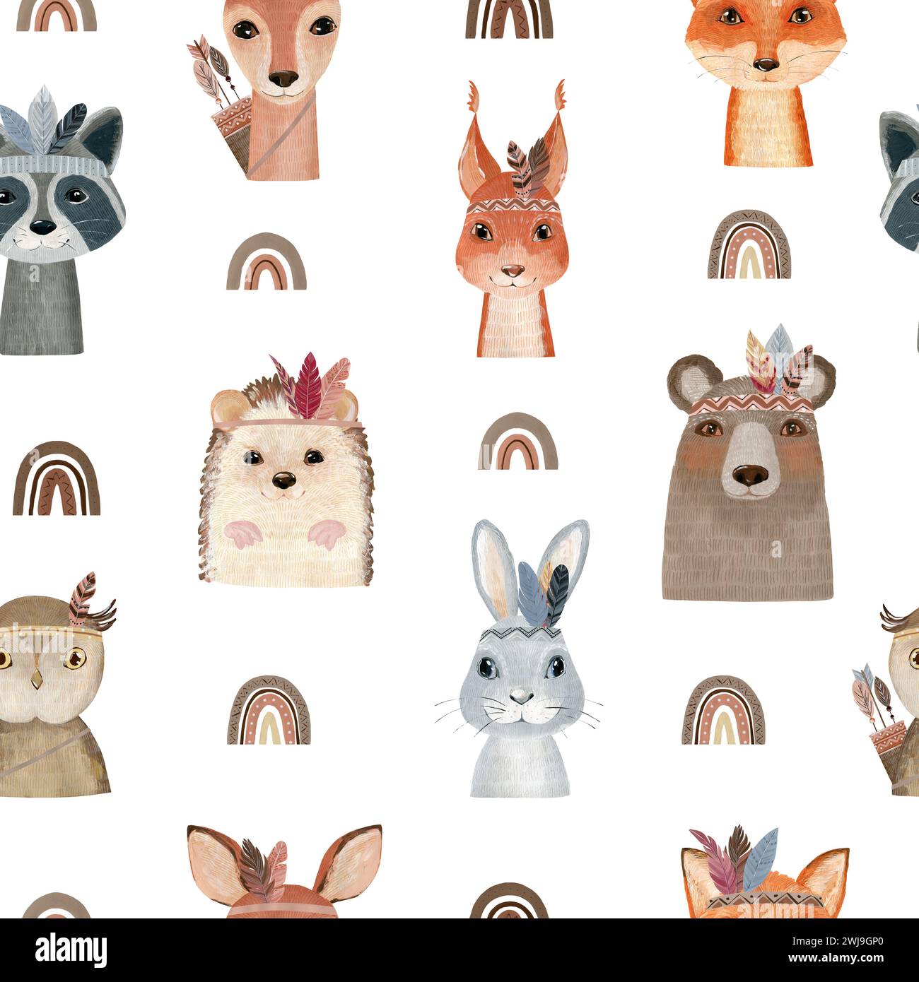 Watercolor seamless pattern with boho animals. Hand drawn illustration ...