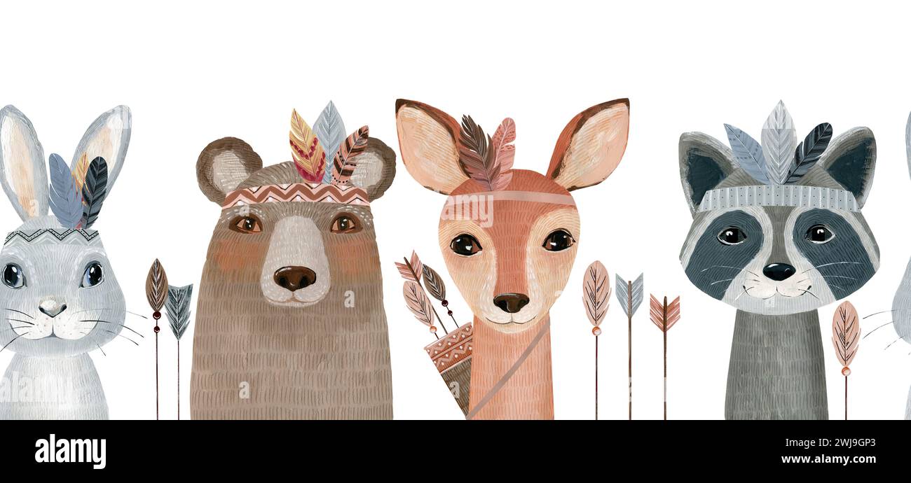 Watercolor seamless border with boho animals. Tribal illustration for ...