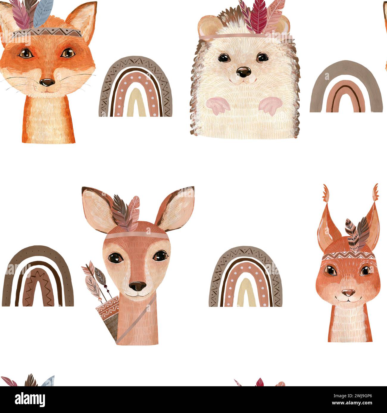 Watercolor seamless pattern with boho animals. Hand drawn illustration ...