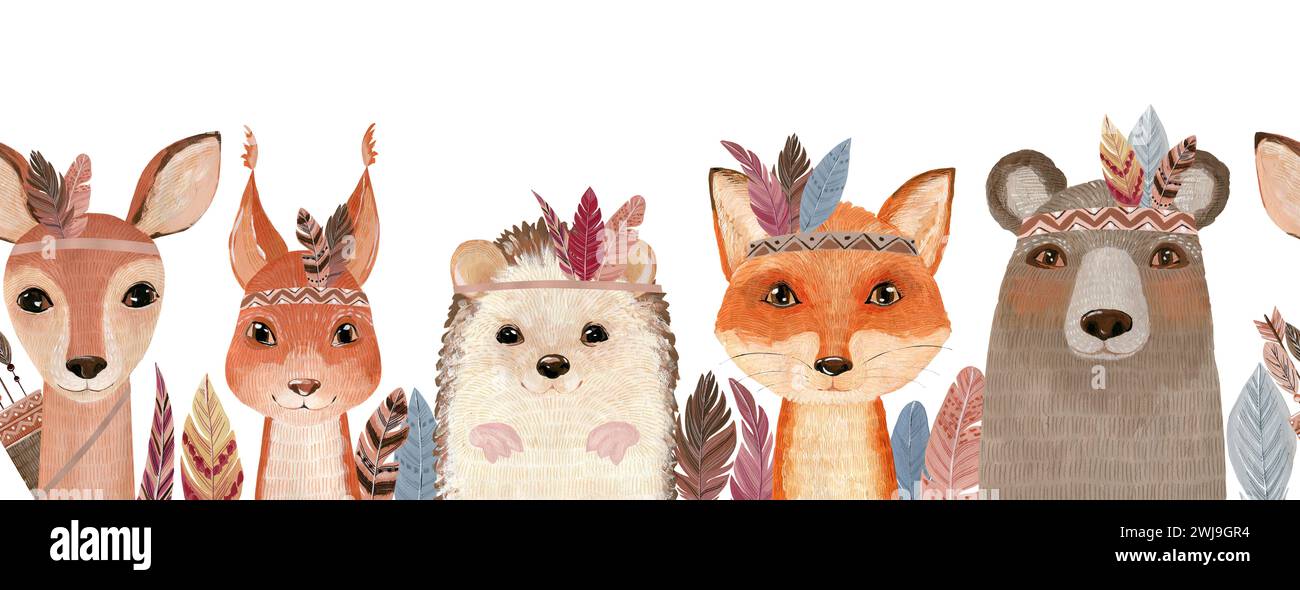 Watercolor seamless border with boho animals. Hand drawn illustration ...