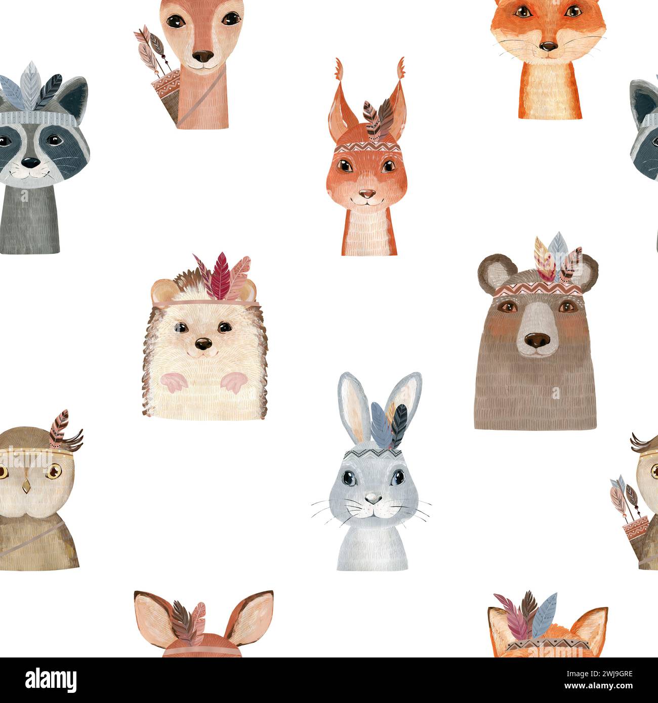 Watercolor seamless pattern with boho animals. Hand drawn illustration ...