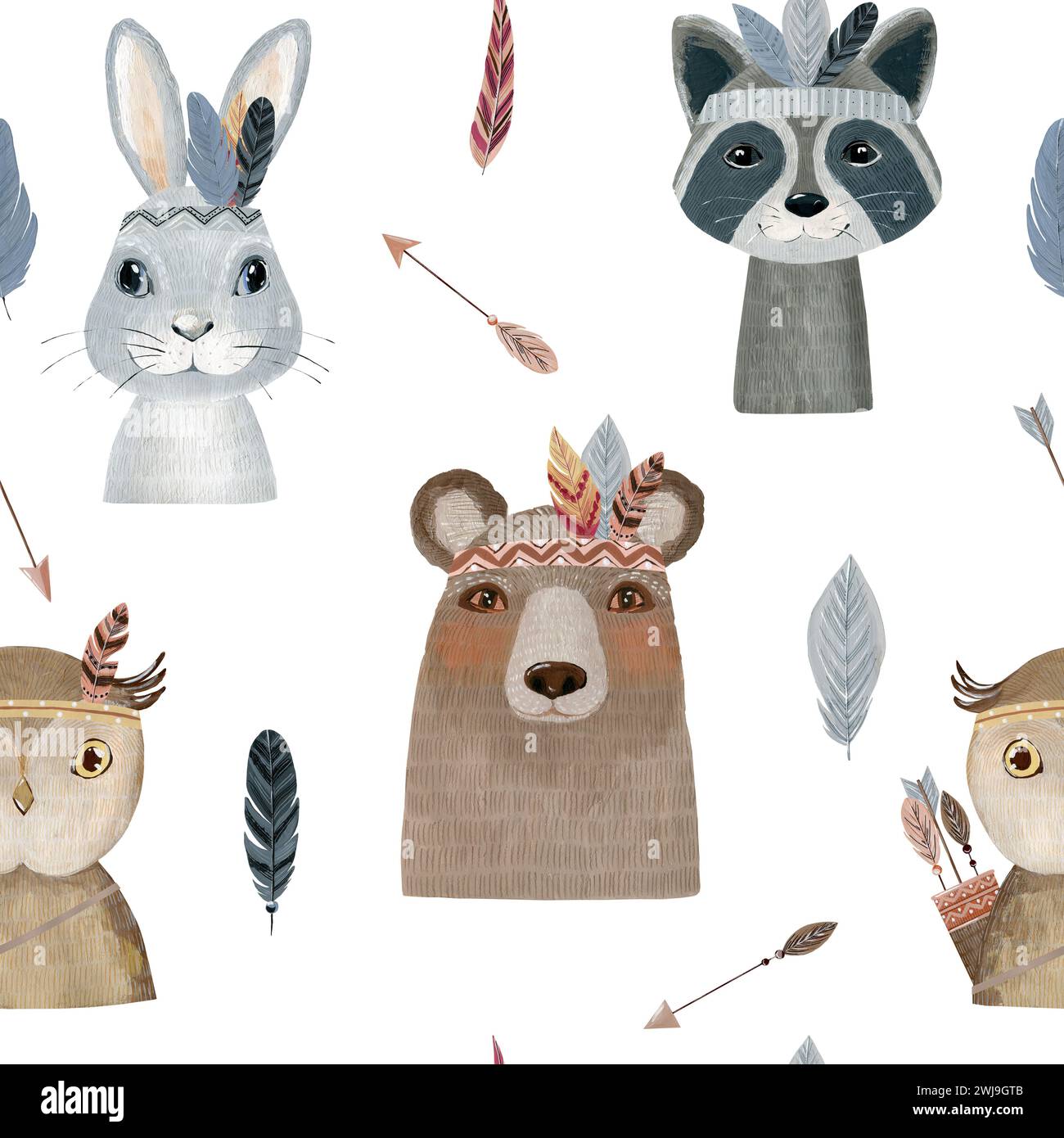 Watercolor seamless pattern with boho animals. Hand drawn illustration ...