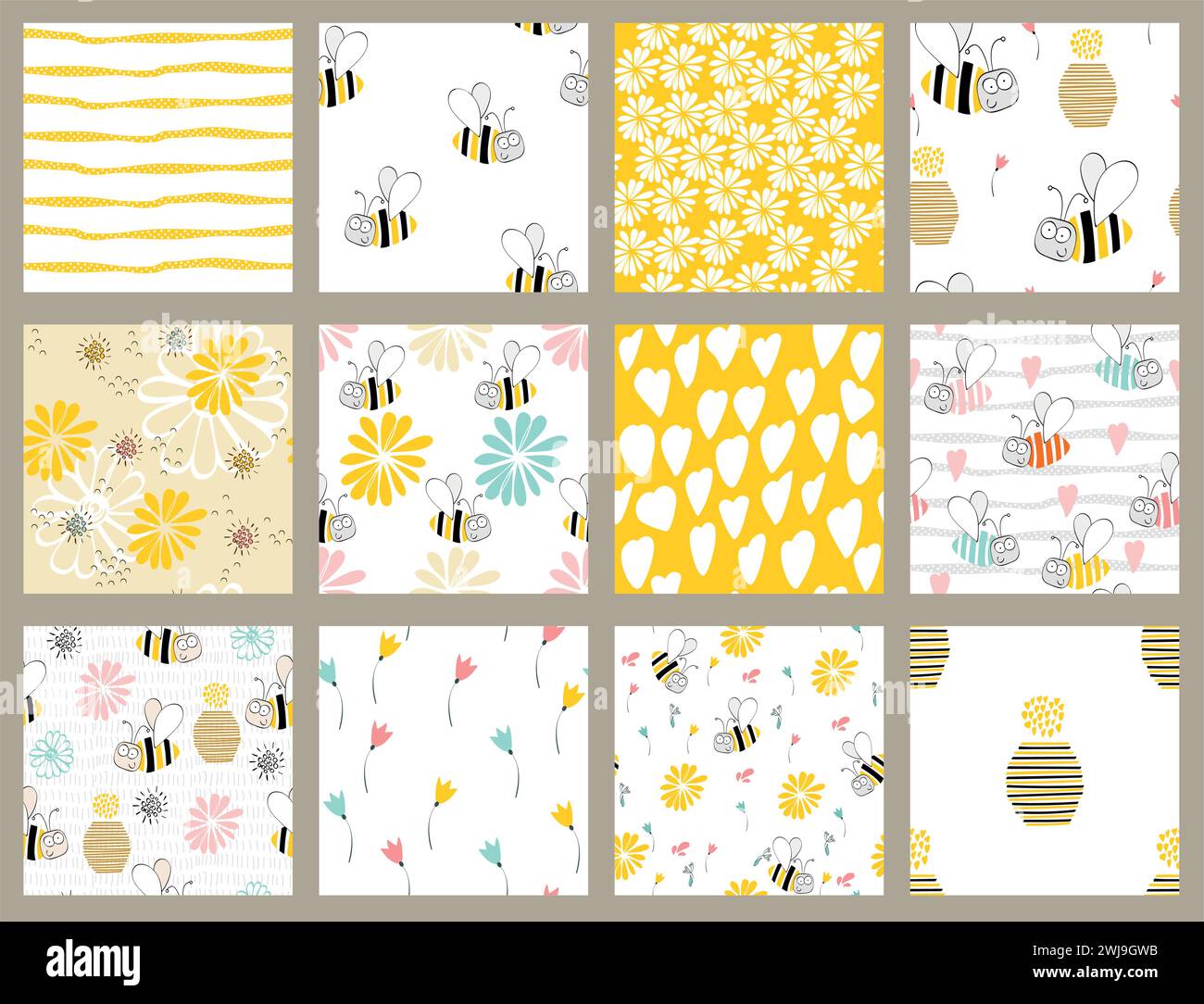 Vector set of cute seamless patterns with cartoon bee Stock Vector ...