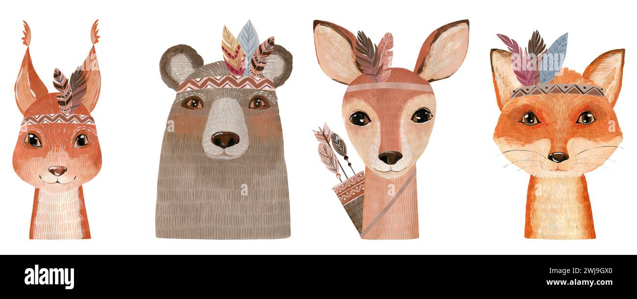 Hand drawn watercolor boho animals portrait. Nursery art Stock Photo ...