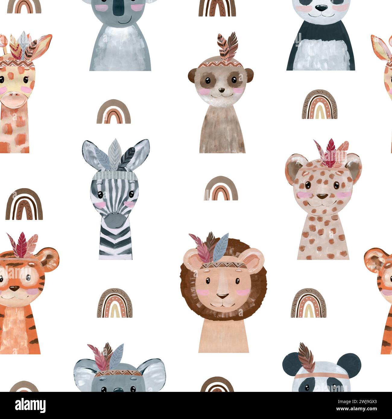 Watercolor cute seamless pattern with boho animals and rainbows. Hand ...