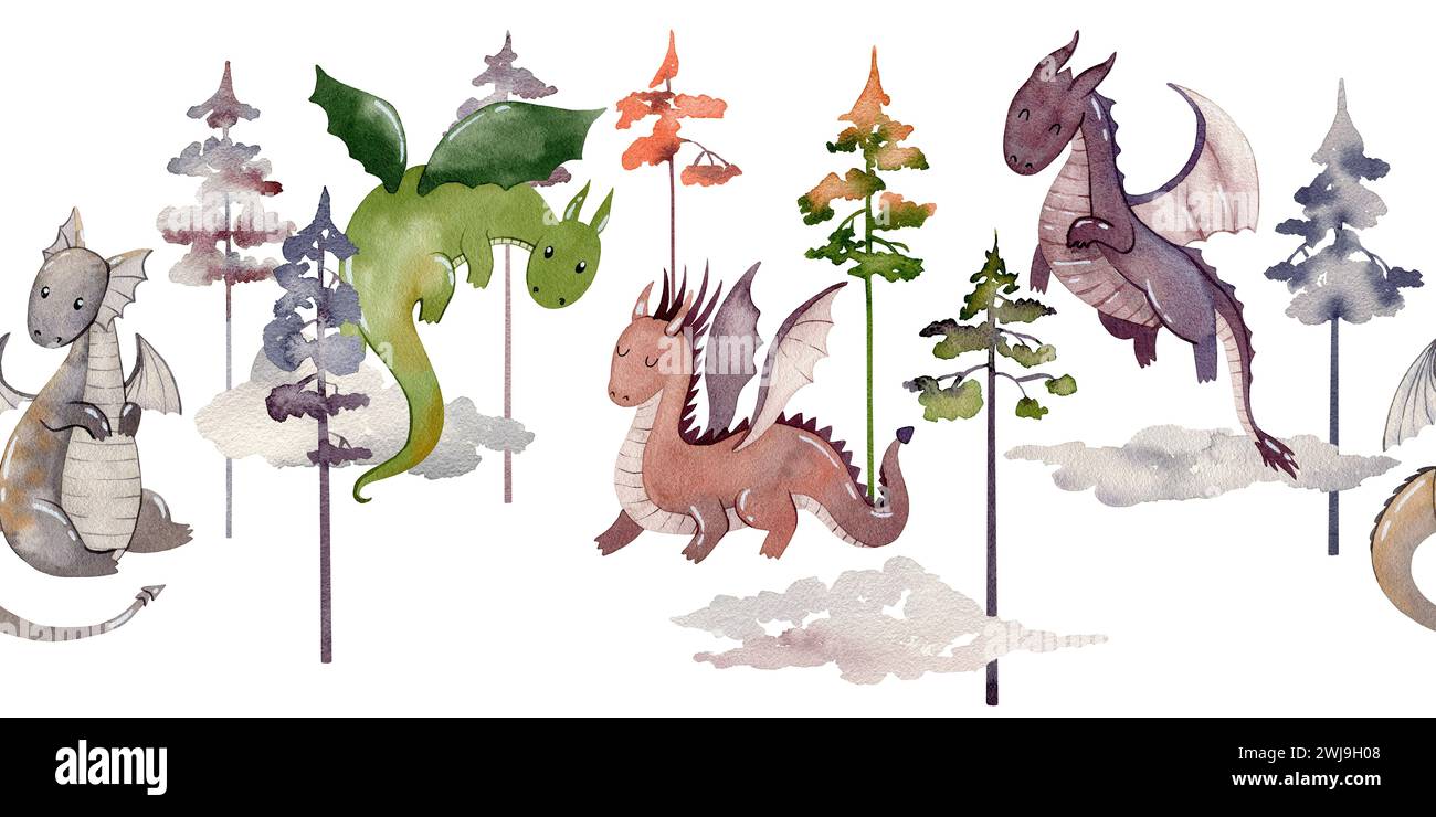 Watercolor seamless border with cute dragons among the trees and clouds ...